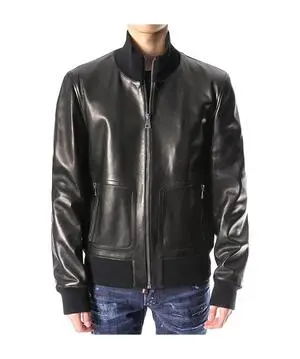 GUCCI Gucci Black Leather Bomber Jacket With Logo Detail