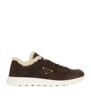 Prada Suede Lace-up Sneakers With Shearling Trim
