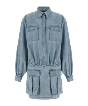 7 For All Mankind Denim Shirt Dress With Front Pockets - Blue