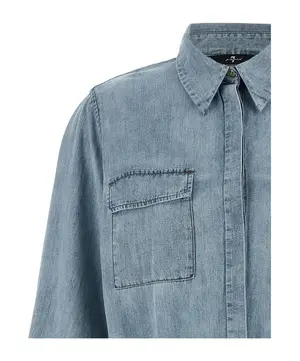 7 For All Mankind Denim Shirt Dress With Front Pockets - Blue