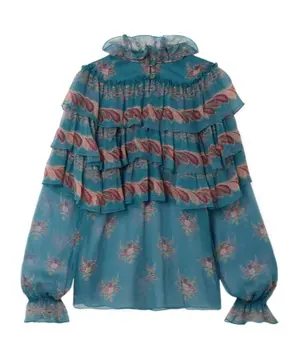 Etro Silk Blouse With Placed Print And Ruffles - Blue