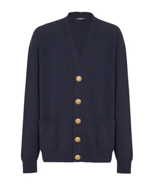 Balmain V-neck Cardigan With Gold Lion Buttons - Navy
