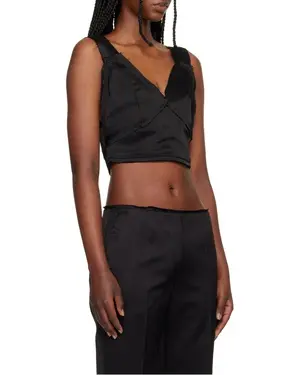 TOTEME V-neck Cropped Satin Top With Frayed Edges - Black