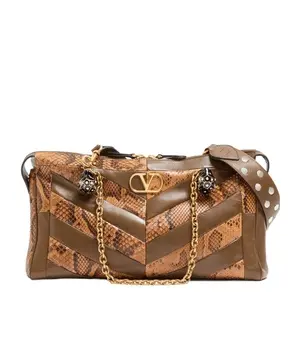 Valentino Garavani Leather And Embossed Shoulder Bag With Studded Strap