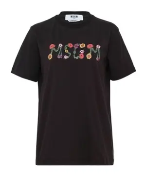 MSGM Floral Logo Embroidered Crewneck T-shirt - Black