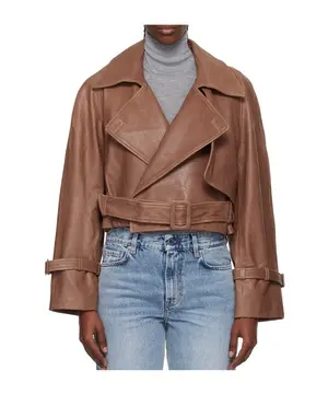 Nour Hammour Cropped Belted Leather Jacket - Brown