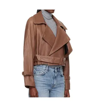 Nour Hammour Cropped Belted Leather Jacket - Brown