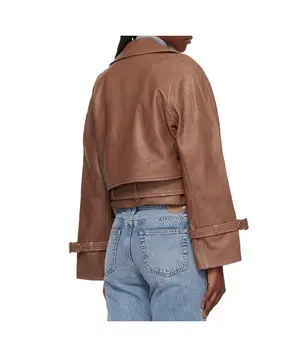 Nour Hammour Cropped Belted Leather Jacket - Brown