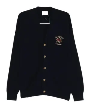 Drole De Monsieur Long Sleeve Knitted Cardigan With Embroidery - Navy