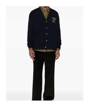 Drole De Monsieur Long Sleeve Knitted Cardigan With Embroidery - Navy