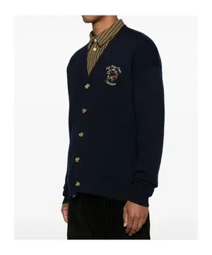 Drole De Monsieur Long Sleeve Knitted Cardigan With Embroidery - Navy