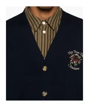 Drole De Monsieur Long Sleeve Knitted Cardigan With Embroidery - Navy