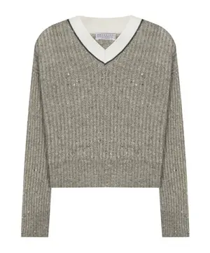 Brunello Cucinelli Long Sleeve V-neck Pullover With Sequin Embellishments - Gray