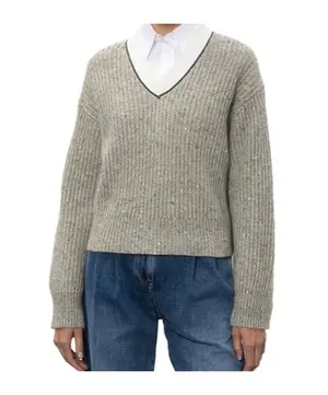 Brunello Cucinelli Long Sleeve V-neck Pullover With Sequin Embellishments - Gray