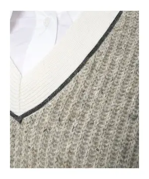 Brunello Cucinelli Long Sleeve V-neck Pullover With Sequin Embellishments - Gray
