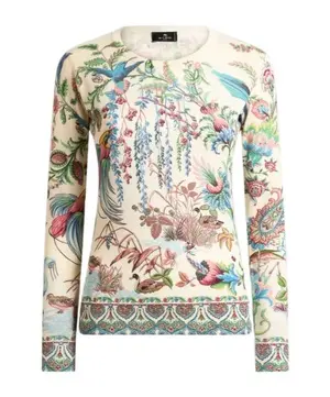Etro Silk And Cashmere Sweater With Flora And Fauna Motif - Nude