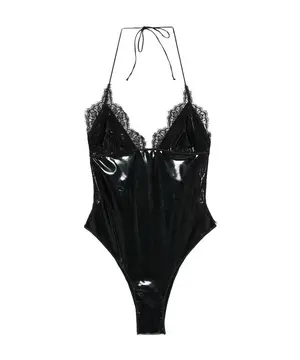 Oseree Latex Lace-trim Halterneck Swimsuit - Black