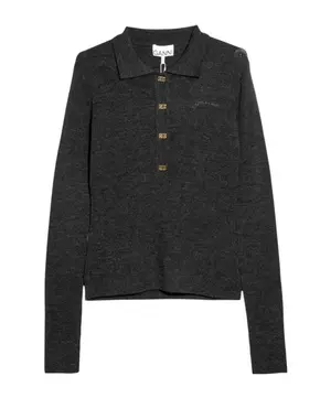 GANNI Ribbed Polo Knit Top - No