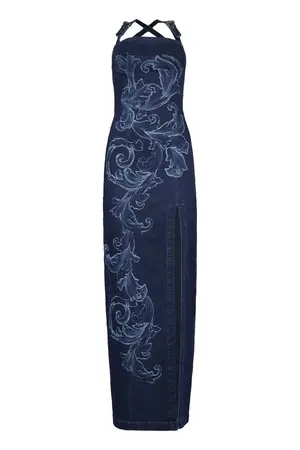 Versace Denim Maxi Dress With Side Slit