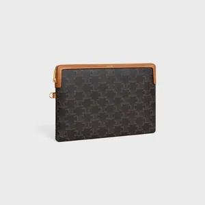 Celine Small Pouch With Strap In Triomphe Canvas And Calfskin - Brown
