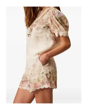 TWINSET Embroidered Floral Puff Sleeve Top