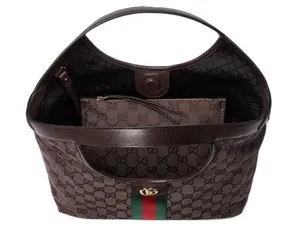 Gucci Small Tote Bag With Monogram And Web Stripe - Dark Brown