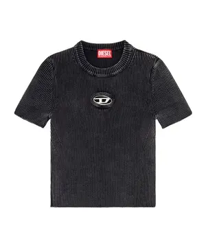 DIESEL® Ribbed Logo Short Sleeve Cropped Knit Top - Black