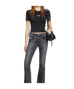 DIESEL® Ribbed Logo Short Sleeve Cropped Knit Top - Black
