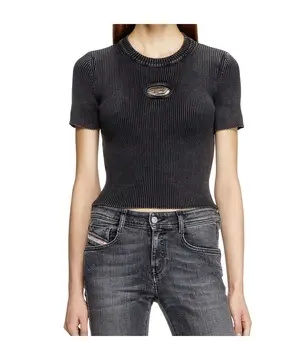 DIESEL® Ribbed Logo Short Sleeve Cropped Knit Top - Black