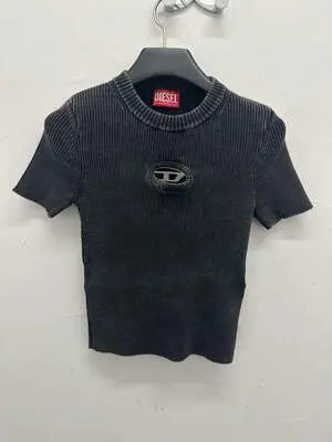 DIESEL® Ribbed Logo Short Sleeve Cropped Knit Top - Black