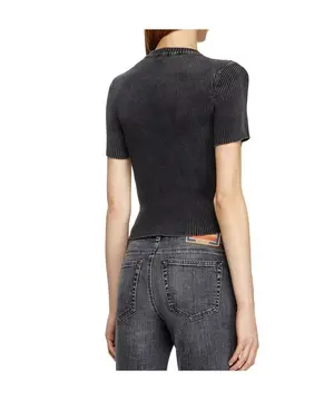 DIESEL® Ribbed Logo Short Sleeve Cropped Knit Top - Black