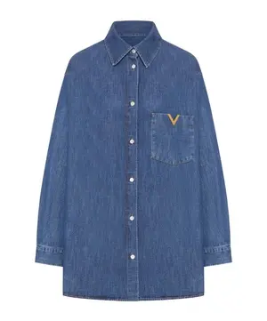 Valentino Garavani Logo Plaque Denim Button-up Shirt - Blue