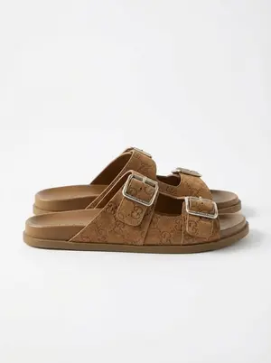 Gucci Gg Monogram Double Buckle Sandals - Brown