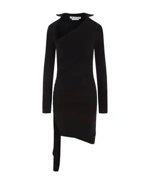 Off-White Asymmetrical Ruched Long-sleeved Mini Dress - Black