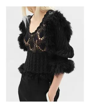 ANN DEMEULEMEESTER Feather-trimmed Scalloped Neck Knit Sweater