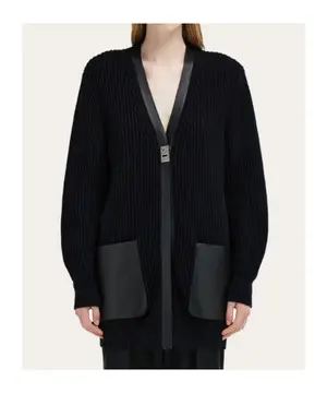 FERRAGAMO Ribbed V-neck Cardigan With Leather Trim And Pockets - Black