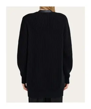 FERRAGAMO Ribbed V-neck Cardigan With Leather Trim And Pockets - Black