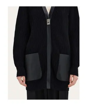 FERRAGAMO Ribbed V-neck Cardigan With Leather Trim And Pockets - Black