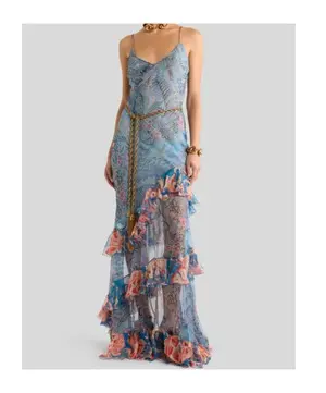 Etro Sleeveless Ruffled Maxi Dress With Floral Print - Blue