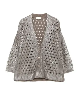 Peserico Crochet Knit Buttoned V-neck Cardigan - Gray