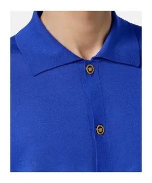 Versace Cotton Silk Blend Collared Cardigan With Medusa Buttons - Blue