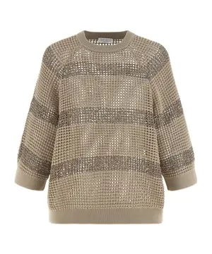 Brunello Cucinelli Embellished Striped Crew Neck Pullover - Nude