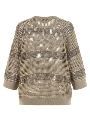 Brunello Cucinelli Embellished Striped Crew Neck Pullover - Nude