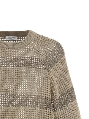 Brunello Cucinelli Embellished Striped Crew Neck Pullover - Nude
