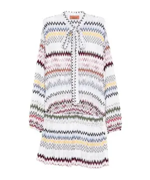 Missoni Zigzag Pattern Tie-neck Mini Dress - White