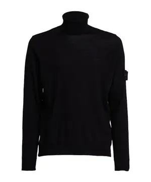 Stone Island Light Wool Turtleneck Sweater With Sleeve Logo Patch - Black