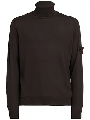 Stone Island Light Wool Turtleneck Sweater With Sleeve Logo Patch - Black