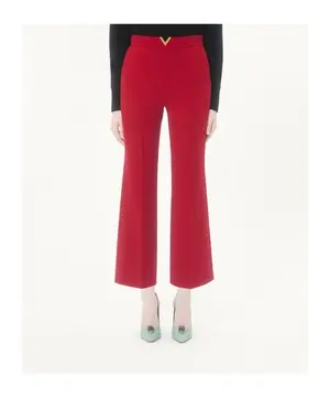 Valentino Garavani Cropped Wool Crepe Pants With Gold Logo Plaque - Red