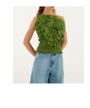 Farm Rio Ruffled One-shoulder Top With Floral Appliqu