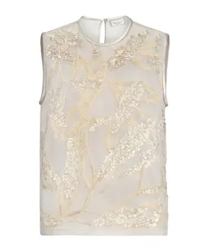 Brunello Cucinelli Sleeveless Round Neck Top With Patterned Embellishments - Beige
